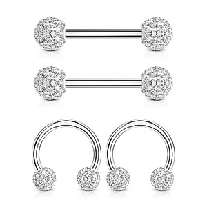 COCHARM 4pcs G23 Solid Titanium Nipple Rings 14g White Nipple Rings Horseshoes Nipple Hoop Nipple Piercing for Women Cute Small Diamond Paved Nipple Barbells