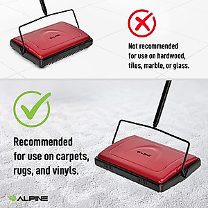 Alpine Manual Carpet Sweeper Triple Brush – Non Electric Multi-Surface Floor Cleaner Easy Sweeping for Carpeted Floors (Red -Updated)
