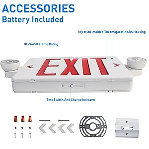 Exit Sign with Emergency Lights, Red Double-Face Exit Light with 90-Min Backup Battery, Universal Mount, Fire-Resistant ABS Housing, UL Listed, 120-277V (UL 94V-0 Rated)