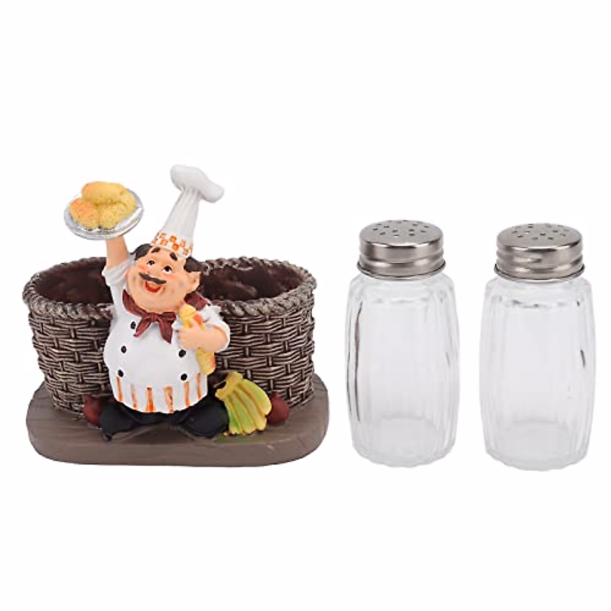 Chef Salt and Pepper Shakers, Chef Stature Holder Decorative Synthetic Resin Ingenious Vivid Chef Figurine Holder with 2 Glass Sauce Bottle