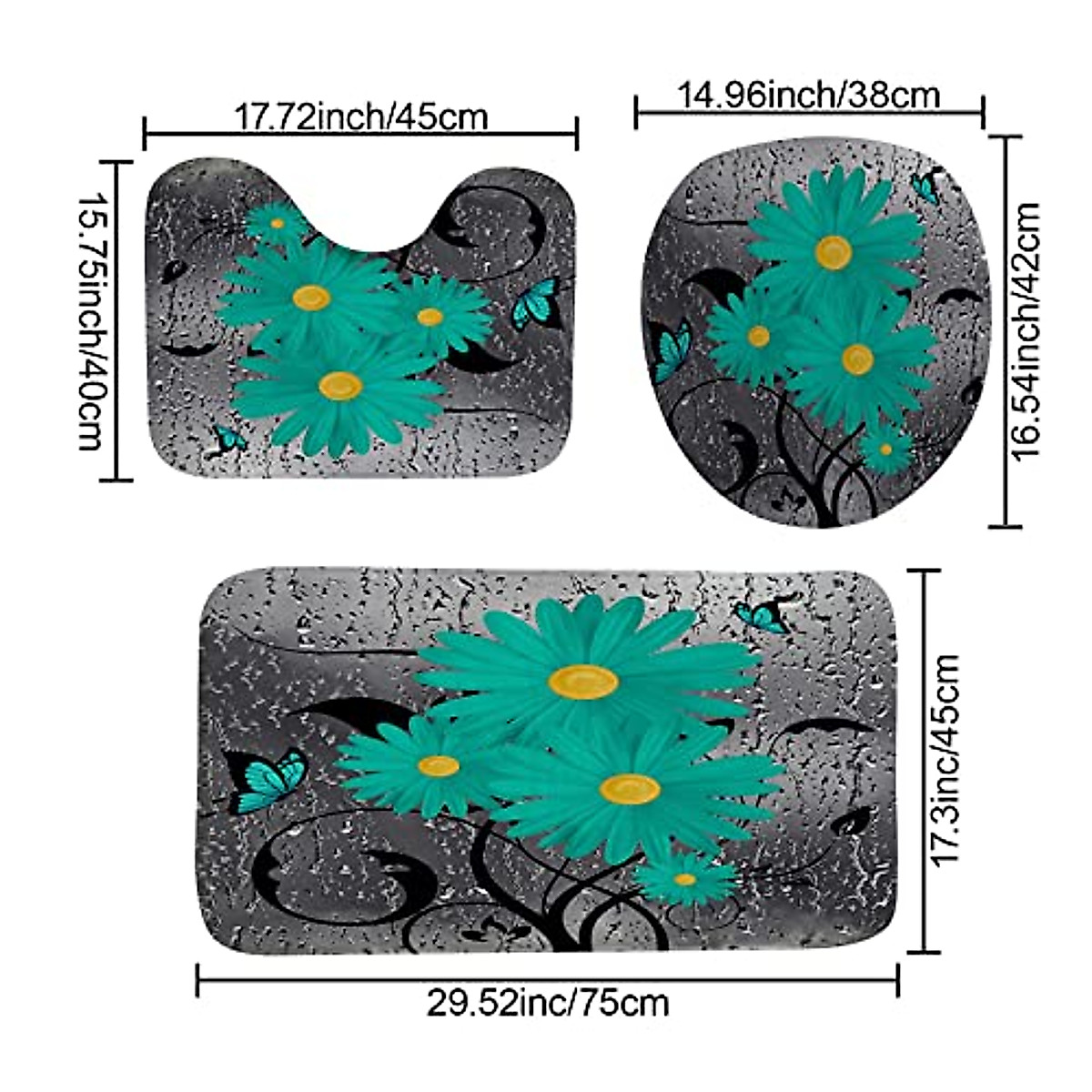 4Pcs Green Daisy Shower Curtain Sets with Non-Slip Rugs, Toilet Lid Cover and Bath Mat, Floral Butterfly Bathroom Decor Set Accessories Waterproof Shower Curtains with 12 Hooks, 72 x 72 Inch