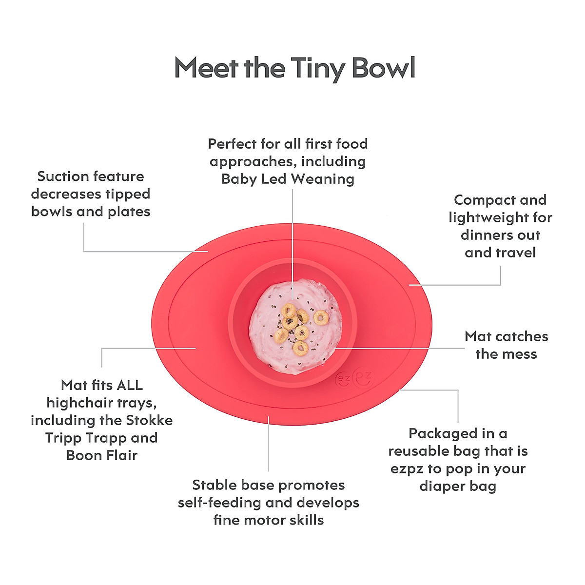 ezpz Tiny Collection Set (Coral) - 100% Silicone Cup, Spoon & Bowl with Built-in Placemat for First Foods + Baby Led Weaning + Purees - Designed by a Pediatric Feeding Specialist - 6 Months+