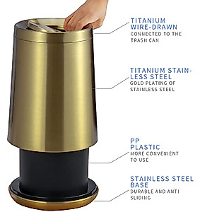 BRIEFHUMAN Household Swing Gold Bathroom Trash Can，Brushed Stainless Steel，10 L/3 Gallen，Garbage Can with Flipping Lid， for Indoor or Commercial Use, Kitchen,Modern，Living Room,Bedroom