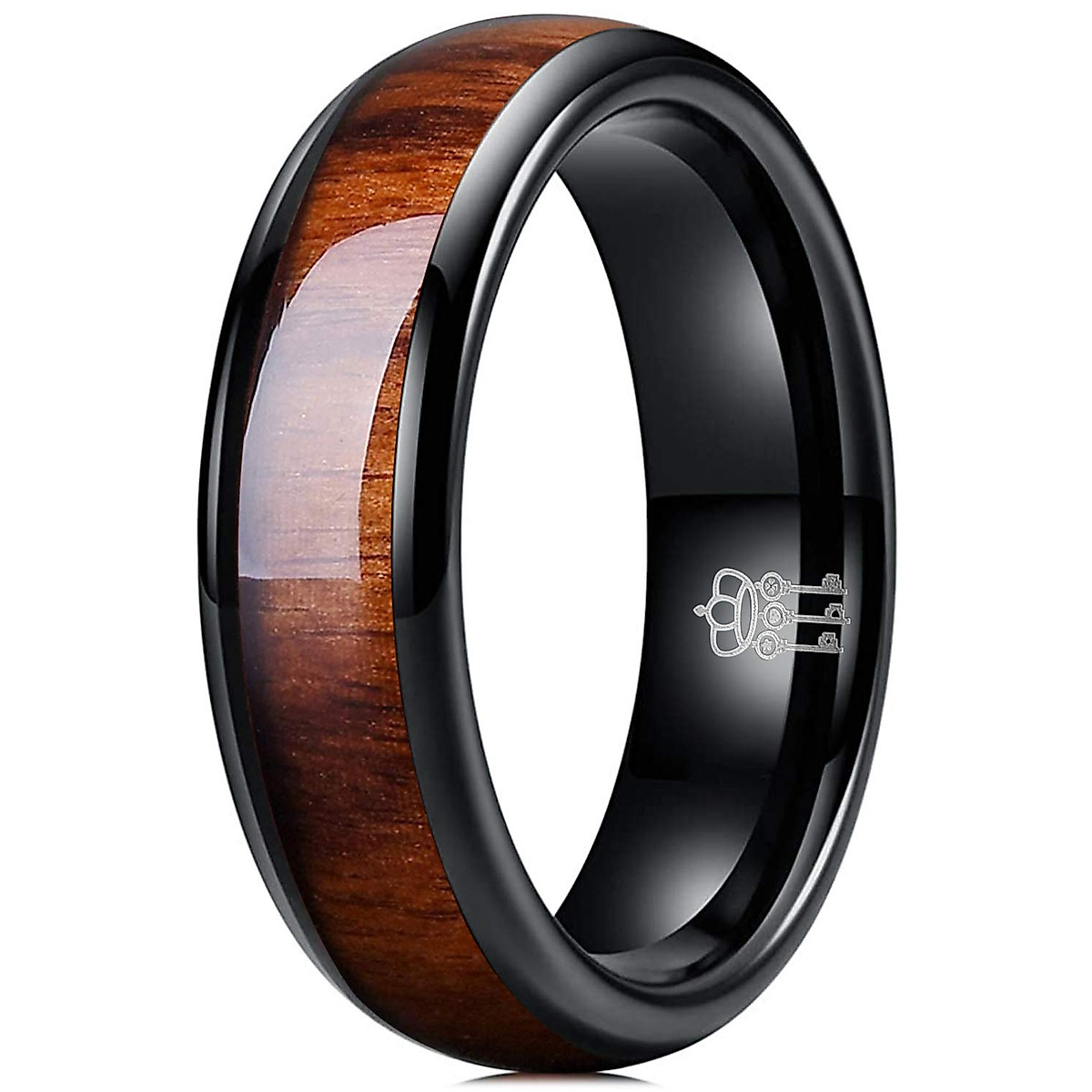 THREE KEYS JEWELRY 6mm Black Tungsten Carbide Wedding Ring for Women with Koa Wood Inlay Domed Wedding Band Engagement Ring Comfort Fit Size 11