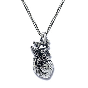 Pearlina Anatomical Heart Necklace Man or Woman 3D Pendant Oxidized Antique-Finish Stainless Steel, 24"