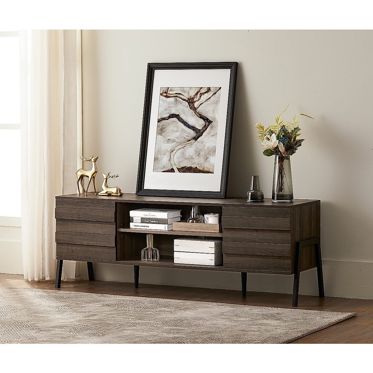 WAMPAT Mid-Century Modern TV Stand for 65 inch TV, Wood Entertainment Center Retro TV Console with 4 Storage Cabinet for Living Room Bedroom, 60'' Espresso