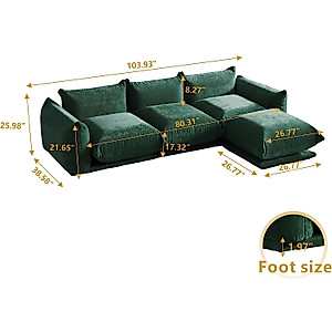 Sdorens Modern Sectional Sofa L Shaped Couch, 3-Seat Sofa with Ottoman for Living Room Apartment Office (103.9 in/Green)
