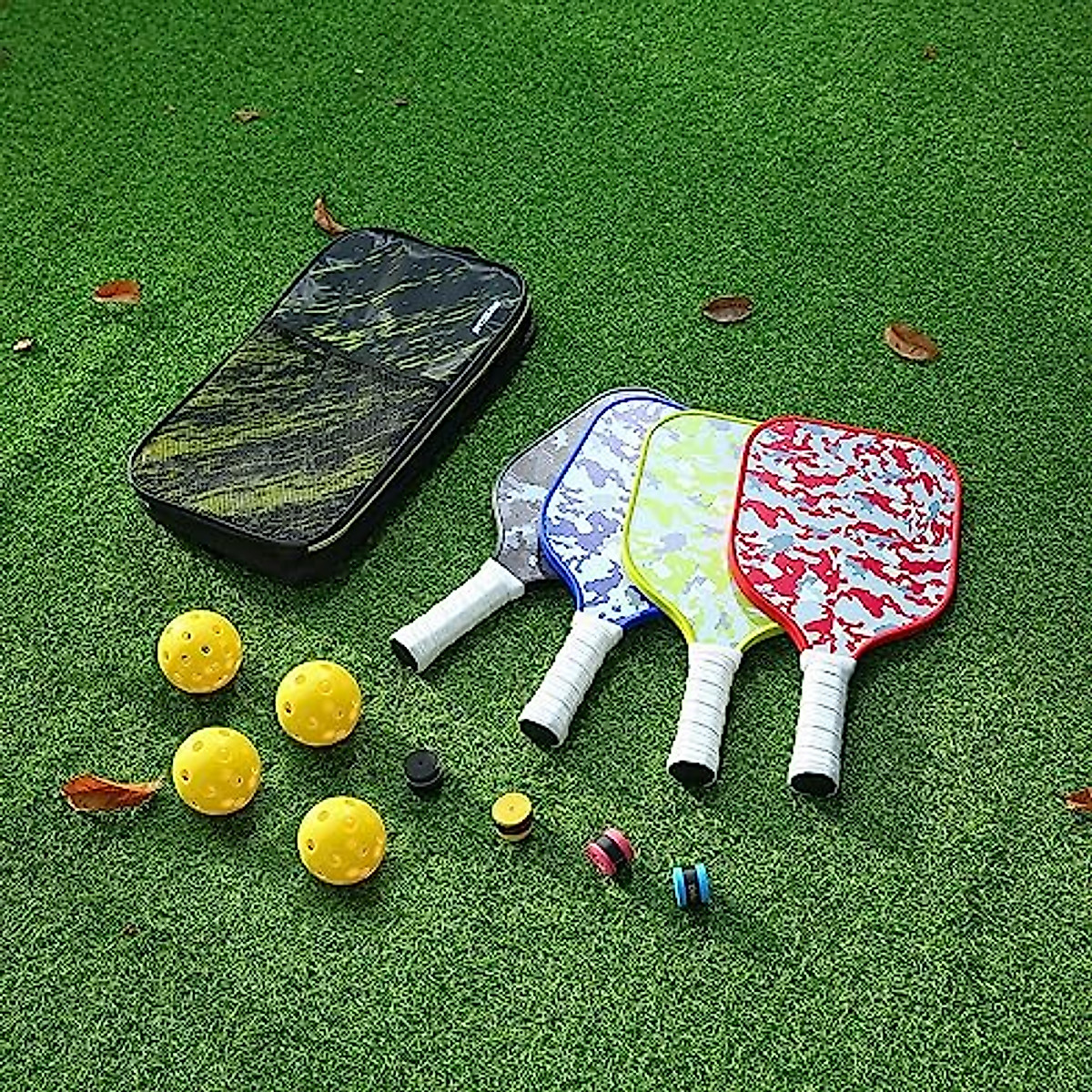 INSUM Camouflage Graphite Fiberglass Pickleball Paddles - Set of 4 Lightweight Paddles,4 Pickleball Balls,4 Overgrips with Cover Bag Pickleball Multiple Colors for Beginner