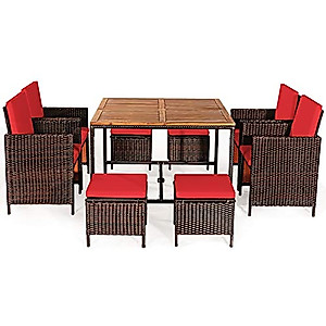 HAPPYGRILL 9PCS Patio Dining Set Outdoor Dining Furniture Set with Cushioned Seating, Space-Saving Dining Table with Acacia Wood Tabletop Wicker Chair and Ottoman Sets for Backyard Garden Poolside