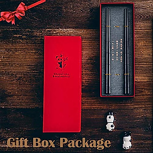 HauSun 2 Pairs Chopsticks and Chopstick Rest Gift Set- Dishwasher Safe Reusable Fiber Glass Chopsticks + Porcelain Cute Panda Chopstick Holder, Non-slip Chinese Japanese Style Chopsticks Set, Black