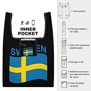 Flag of Sweden Printed Reusable Grocery Bag with Handle Foldable Shopping Tote Bags Portable for Supermarket Camping
