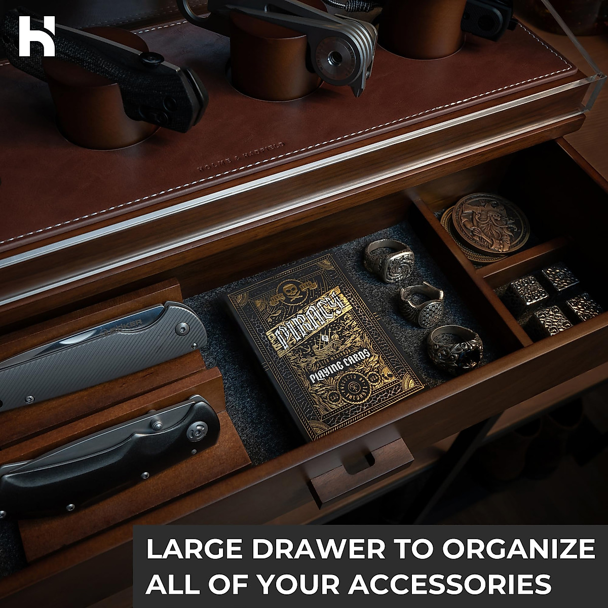 Showcase Your Knives with The Knife Deck Pro – Premium Pocket Knife Display Case for 6 Knives – Easy Access & Leather Lining – Drawer for Accessories – Wooden Pocket Knife Holder – Lifetime Assurance