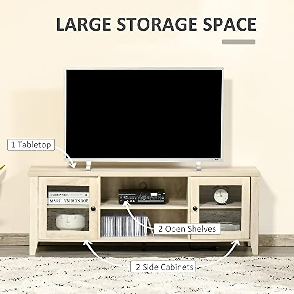 HOMCOM Modern TV Stand, Entertainment Center with Shelves and Cabinets for Flatscreen TVs up to 60" for Bedroom, Living Room, Oak