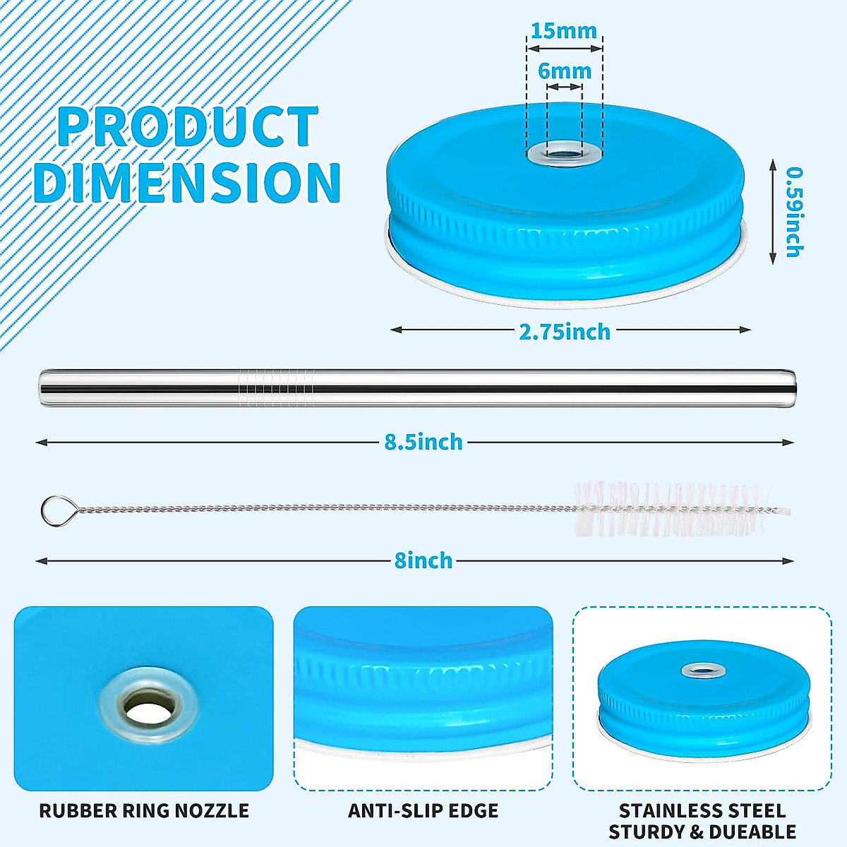 SusuBee 6 Pack Metal Drinking Lid with Straw Hole and Straws Compatible with Mason Jar Regular Mouth, 6 Colors, Dishwasher Safe