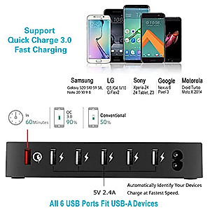 Fastest Charging Station with QC Quick Charge 3.0, COSOOS 63W 12A 6-Port USB Charging Station for Multiple Devices with 6 Mixed Short Cable & iWatch Stand, Multi Charger Station for Cell Phone, Tablet