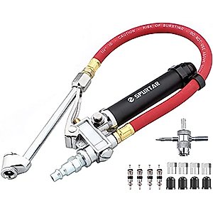 Spurtar 10-120 PSI Heavy Duty Tire Inflator Gauge Air Chuck with Pressure Gauge with 4 Way Tool and Valve Cores Tire Pressure Gauge with Inflator 12" Air Hose for Car Automotive Truck