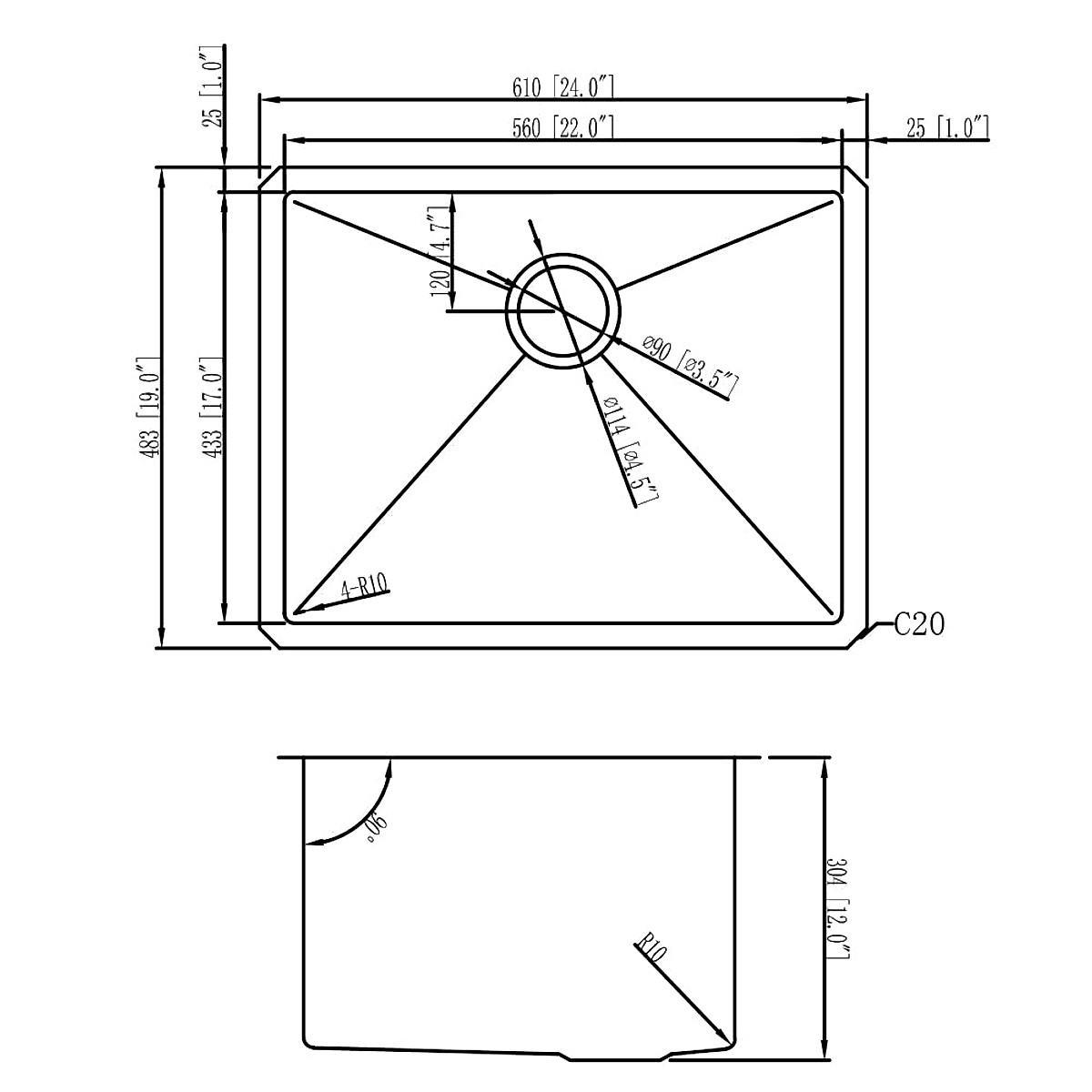 Stainless Steel Undermount Utility Sink-Hovheir 24"x19"x12" Deep Undermount Stainless Steel Laundry Sink Undermount Kitchen Sink 16 Gauge Single Bowl Laundry Room Sink Outdoor Sink
