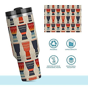 Exnundod African Djembe Drums Pattern Tumbler with Handle 30oz and Straw Insulated Tumblers Leak-proof Water Bottle for Car Travel