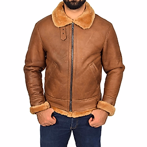 A1 FASHION GOODS Real Sheepskin Flying Jacket Vintage Tan Shearling Bomber Authentic Aviator Coat Tornado (Large)