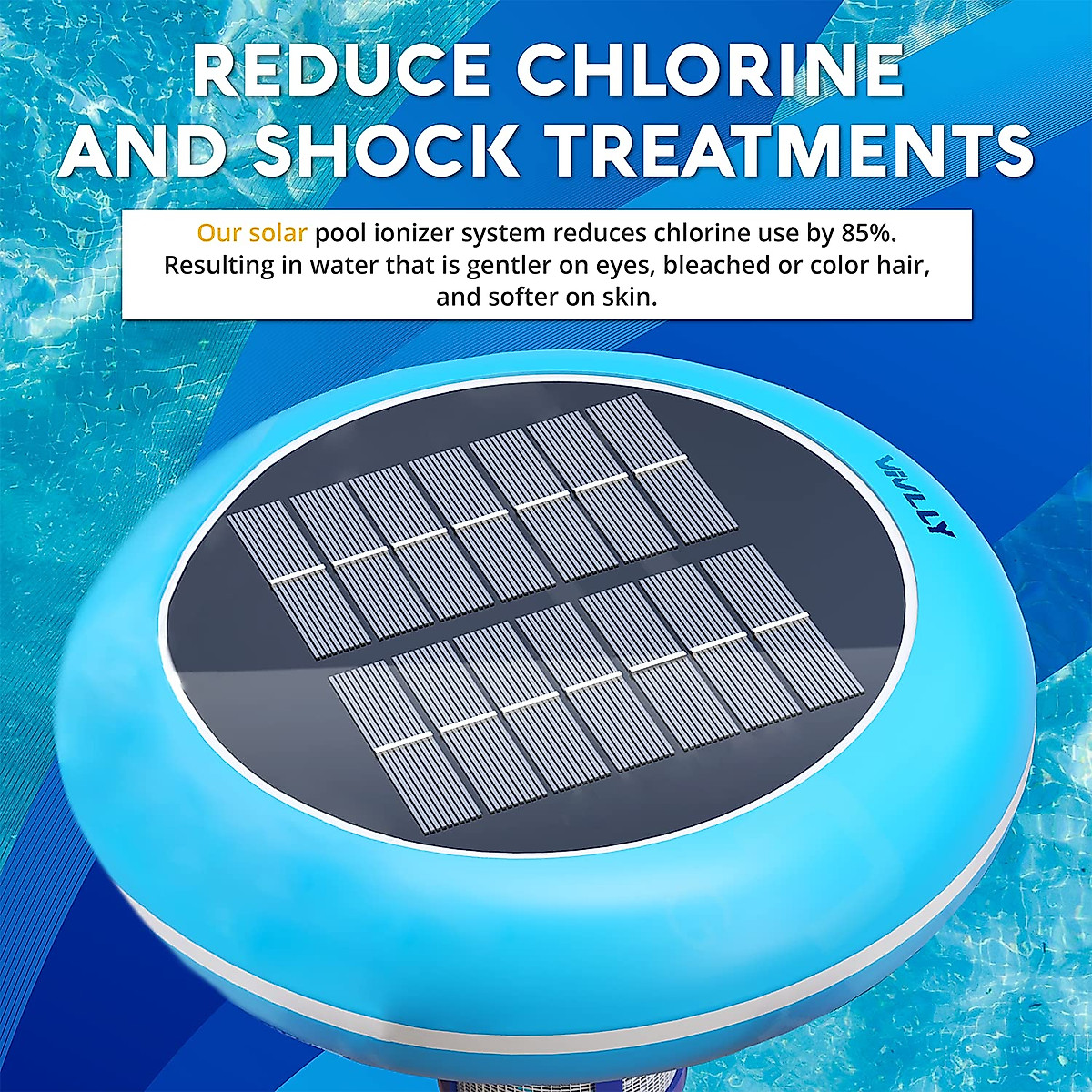 Vivlly Solar Pool Ionizer, Cleaner, and Purifier Restores Clear, Chlorine-Free Water, Long Lasting Anode for 35,000 Gallons, Natural Shock for Swimming Areas, Smart Replacement