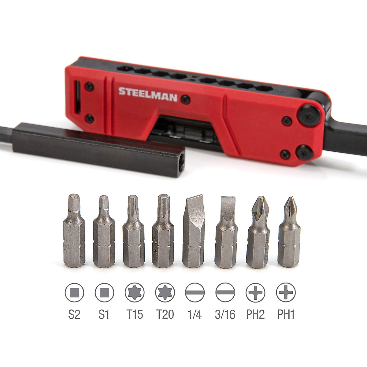Steelman 10-In-1 Multi-Tip Folding Magnetic Pocket Screwdriver with Carrying Clip and Bottle Opener, Includes 3/16" and 1/4" Slotted, PH1, PH2, T15, T20, S1 and S2 Bits