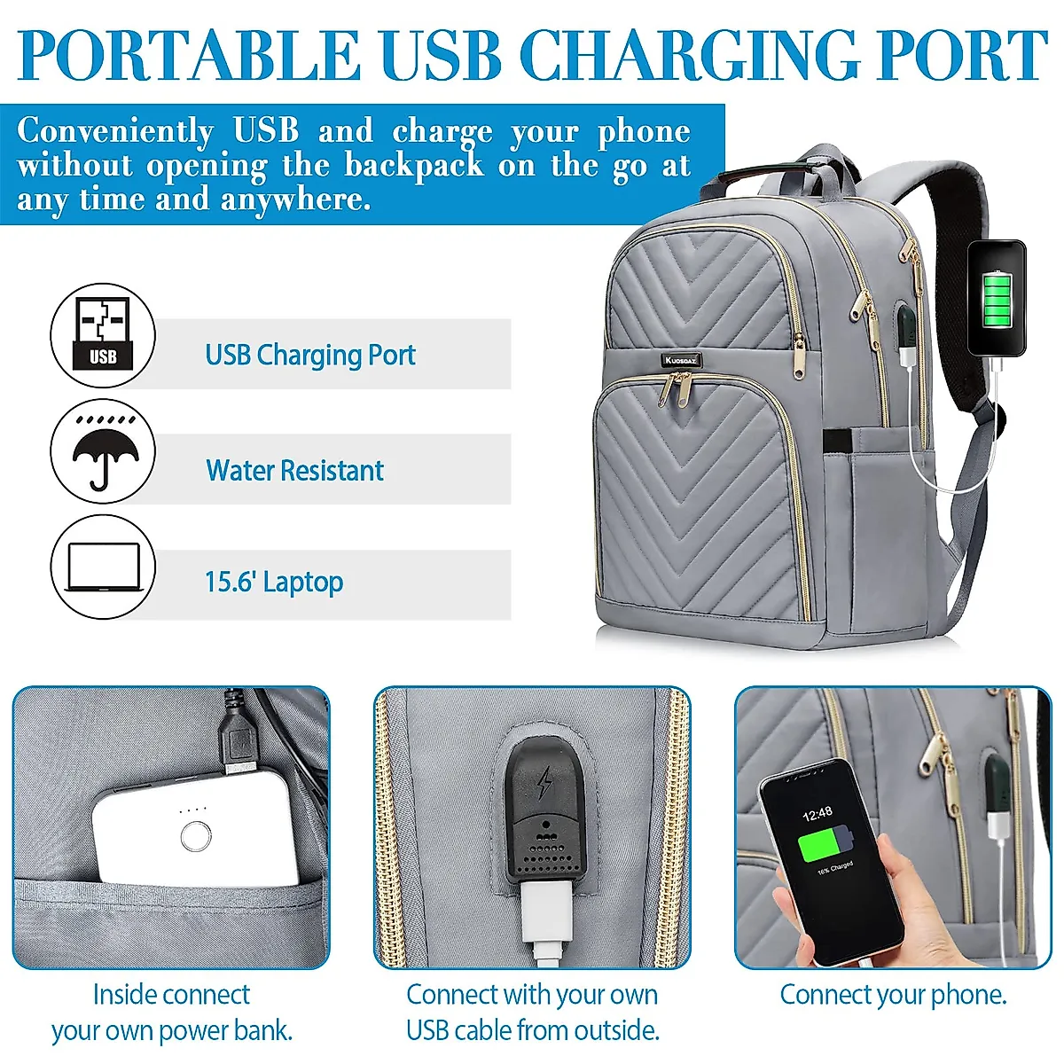 Laptop Backpack for Women Men, Large School Backpack for Teens Boys Girls, 17.3 Inch Quilted Laptop Bag Bookbag College Bag with USB Charging Port, Work Travel Casual Daypacks, Grey(over 3 years old)