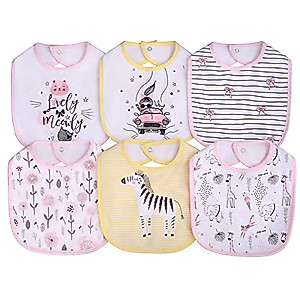 Maiwa 6 Pack Large Cotton Waterproof Baby Toddler bibs with Snaps for drooling teething eating girls 3-24 M