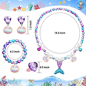 Jadive Mermaid Jewelry for Girls, Mermaid Necklace Bracelet for Kids Mermaid Accessories Shell Necklace Bracelet Ring Earrings Organza Bag Mermaid Party Costume Jewelry(Purple, Cute Style)