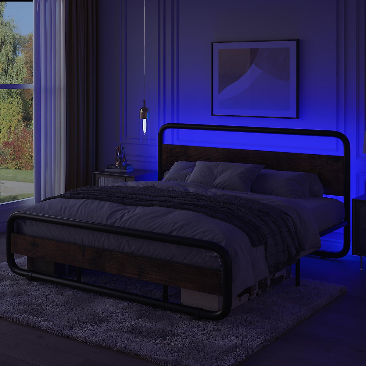 Fastroby King Size Bed Frames with Headboard LED Light, Platform Bed Frame King with 10" Under Bed Storage, Heavy Duty Bed Frame No Box Spring Needed, Easy Assembly, Rustic Brown and Black