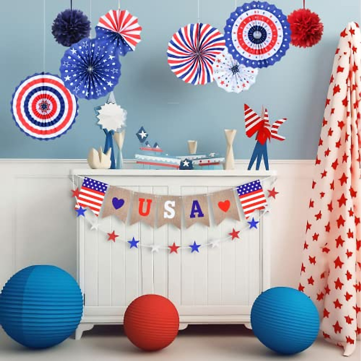 4th of July Decorations Independence Day Patriotic Decor Set - Red White Blue Paper USA Banner Flag Fans Star Streamer Pom Poms for Memorial Veterans Labor Presidents Flag Day Home Parties Accessories
