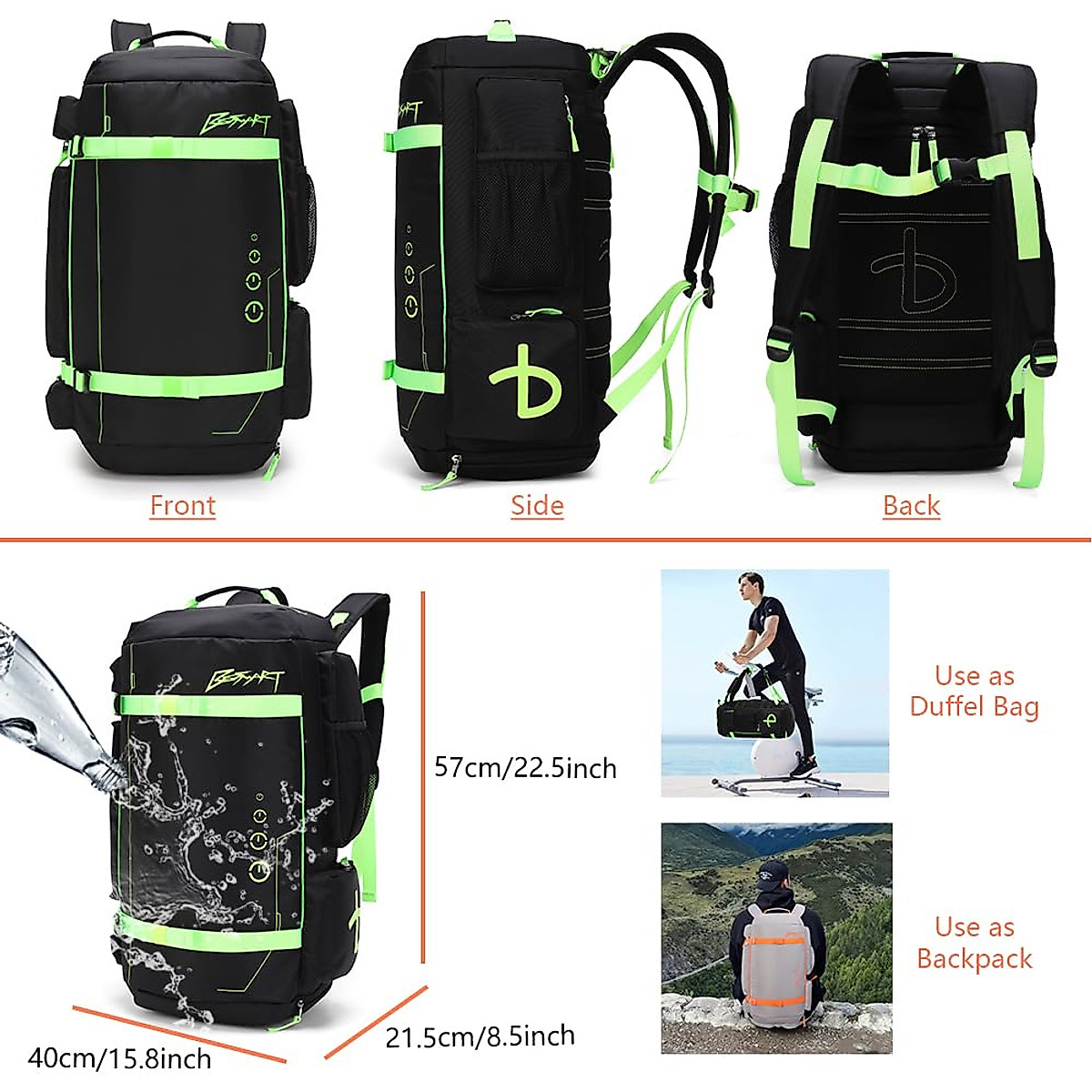 BE SMART 50L Extra Large Gym Backpack for Men, Big Gym Bag with Shoes Compartment, Waterproof Heavy Duty Duffel Bags, Men's Workout Backpacks for Outdoor Sport,Hiking,Camping,Travel (Black, XL)