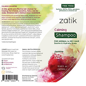 Zatik Naturals - Calming Shampoo with Jasmine & Wild Cherry - Normal to Dry Hair, Sensitive Scalp, Bio-degradable, pH Balanced, Vegan, FREE FROM Sulfates, Parabens, fragrances, and phthalate, 10.8 oz