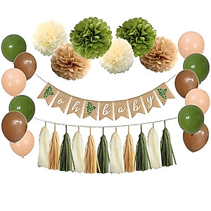 40 Pack Olive Green Wild One Safari Woodland Jungle Baby Shower Decorations - Oh Baby Banner Balloons Tassel Garland Pom Poms Forest Nature Earth Tone Boy Girl Birthday Nursery Décor