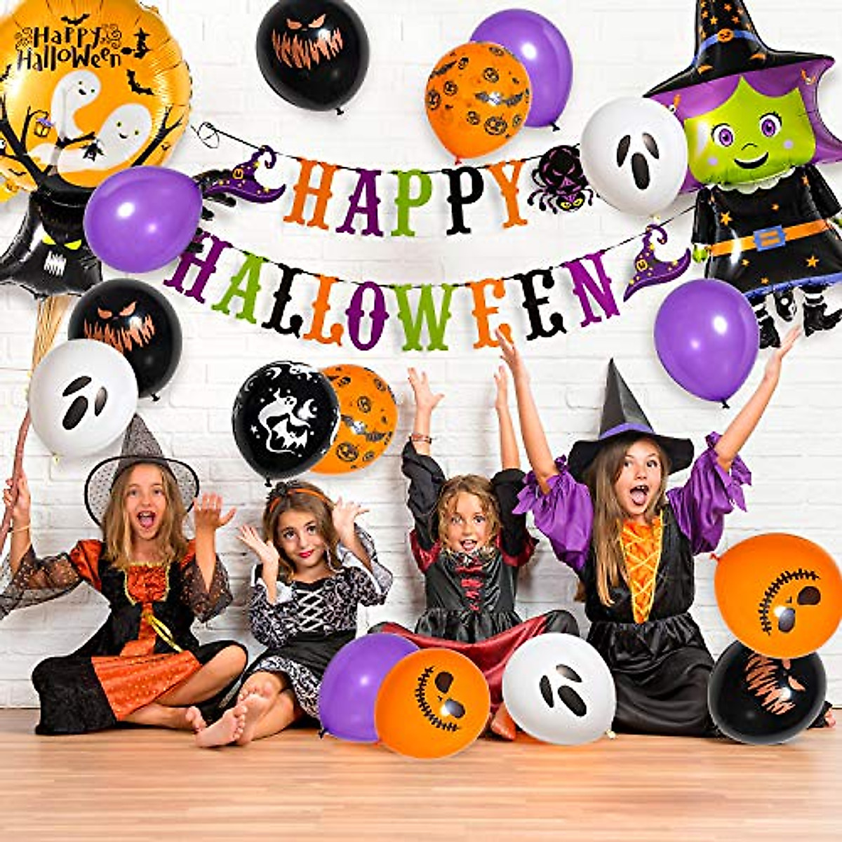 Whaline 60Pcs Halloween Balloons Party Decorations Set Happy Halloween Banner Latex Balloons with Ribbons Witch Ghost Tree Ball Halloween Party Foil Balloons Photo Props for Halloween Decor Supplies