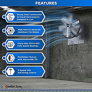 Comfort Zone CZHVW30EX 30” 2-Speed Oscillating High Velocity Industrial Wall Fan, All-Metal Construction, Adjustable Tilt, Steel Mounting Bracket with Adjustable Angle, Aluminum Blades, Black