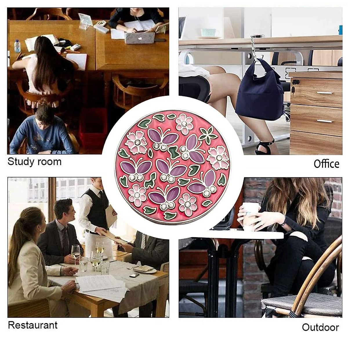 KEBOOT Purse Hook for Table, Bling Rhinestone Purse Holder for Table Desk, Handbag Storage Folding Decor Table Hook, Women's Bag Handbag Hanger Holder 3pcs Flowers and Butterflies