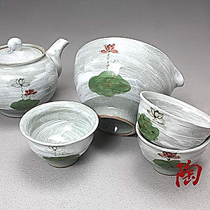 Korean Style Buncheong Porcelain Lotus Flower Tea Ceremony Complete Service Gift Set Ceramic Pottery 11.8 oz (350ml) Side Handle Tea Pot Cups Saucers Teapot Pitcher Bowl for Cooling Hot Water