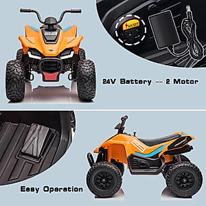 Luibas 2023 24V Ride on Car, Kids 4 Wheeler Battery Powered Electric ATV, 24V Ride on Toy for Big Kids, 4 Wheeler Quad Toy Car for Boys & Girls, Kids Electric Vehicle with Music, LED Lights, Yellow