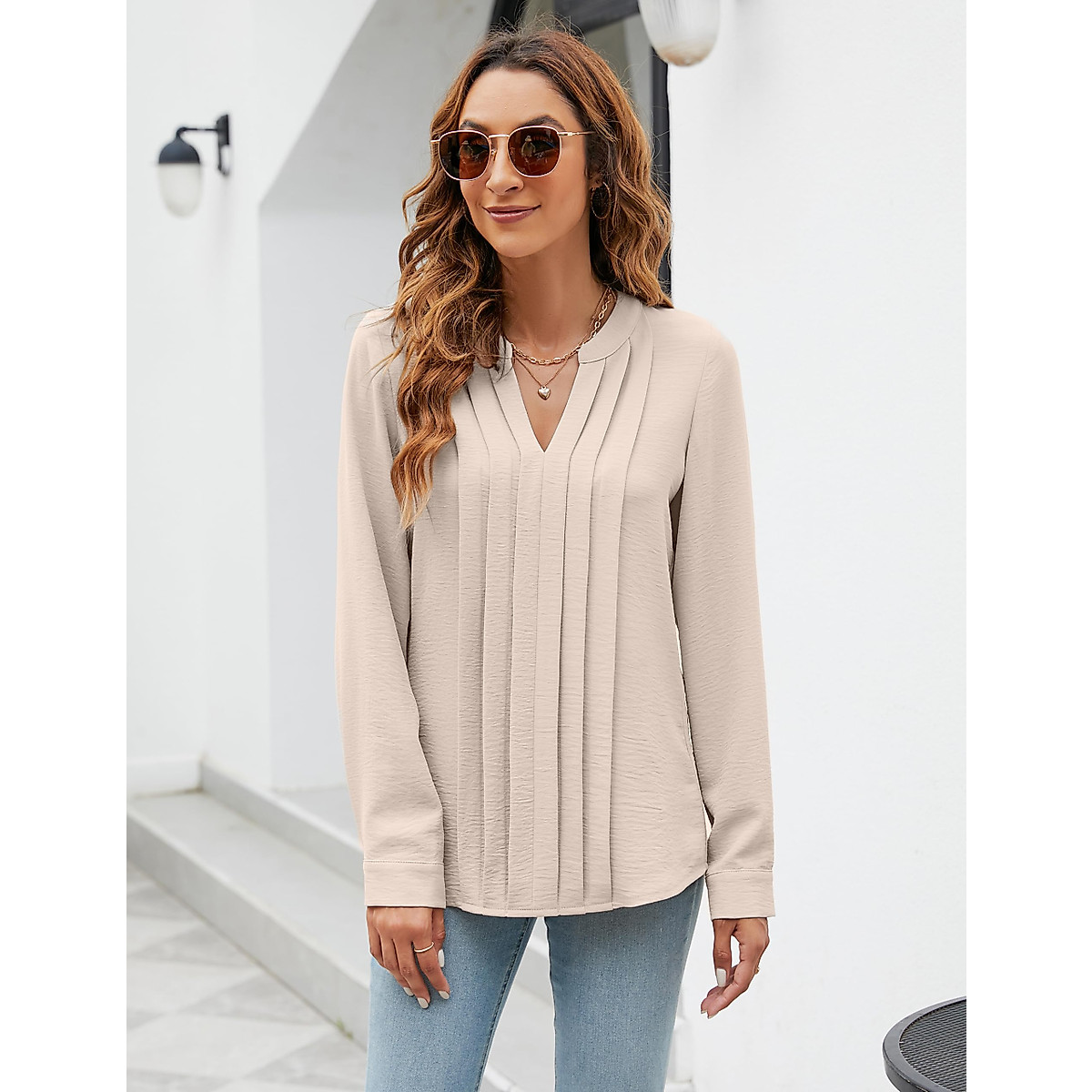 Blooming Jelly Women's Dressy Casual Blouses Business Work Tunic Tops Cute Long Sleeve V Neck Pleated Shirts 2025 Fall Outfits (Apricot,Small)