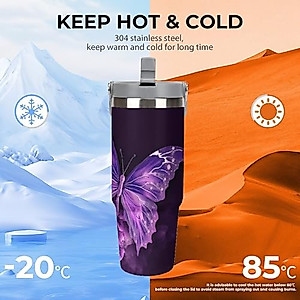 Beautiful Purple Butterfly Floral 30 Oz Tumbler with Handle And Flip Straw, Stainless Steel Vacuum Insulated Travel Mug, Thermal Cup for Coffee, Water, Iced Drinks, Fits Car Cup Holders (Home, Sports)