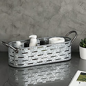 MyGift Rustic Galvanized Metal Storage Basket with Handles, Farmhouse Style Perforated Bathroom Potpourri Holder, Toiletries Organizer Bin - Handcrafted in India