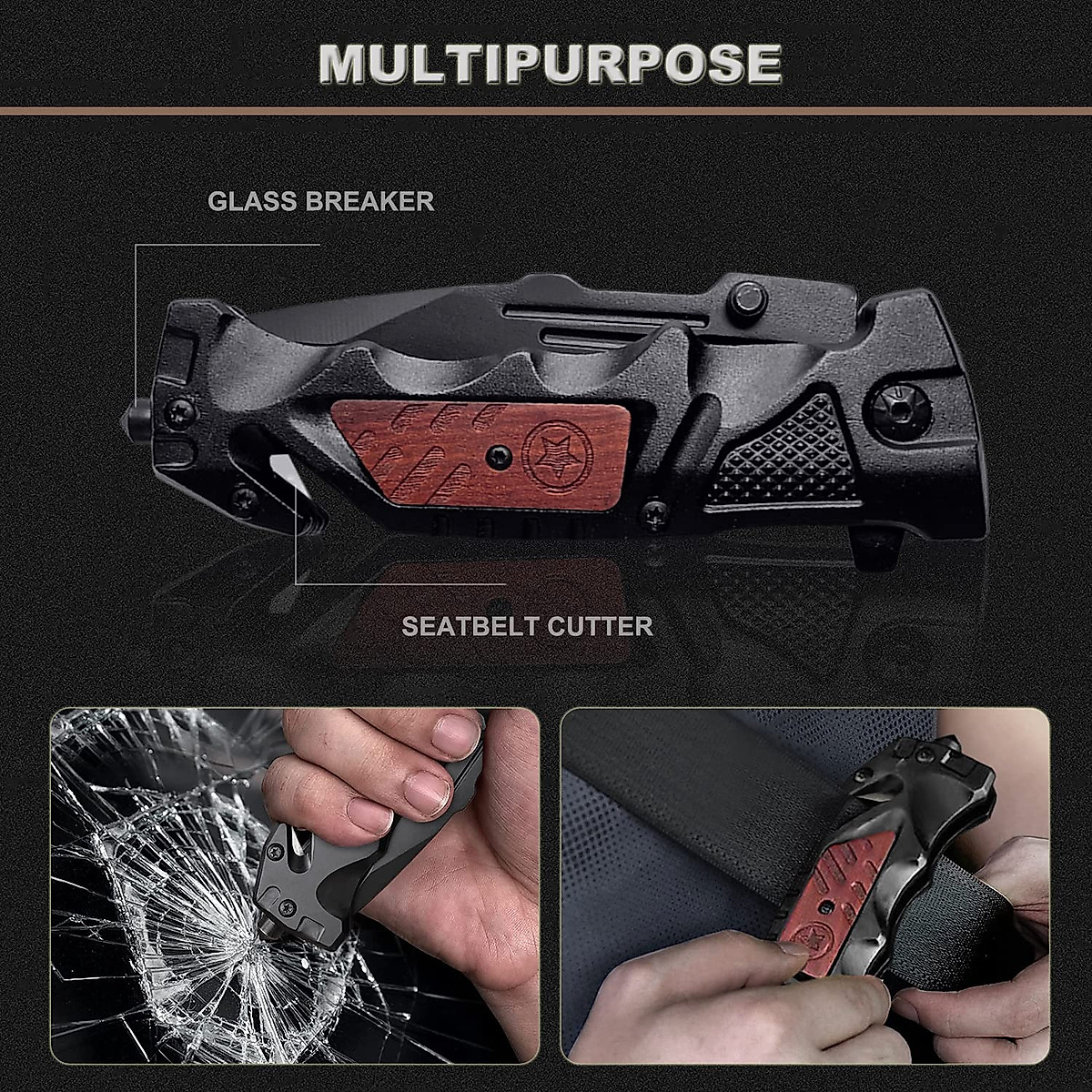 Pocket Knife for Men, Tactical Folding Knives with Clip, Glass Breaker & Seatbelt Cutter, EDC Survival Knife for Emergency, Cool Pocket Knives for Outdoor Camping Hunting Fishing