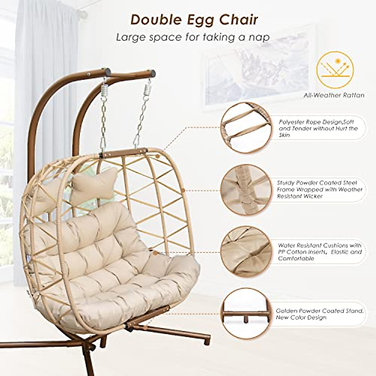 NICESOUL® Double Swing Egg Chair with Stand Large 2 Person Indoor Outdoor Wicker Patio Twins Basket Hanging Chair with Beige Cushions 510 Lbs Capaticy for Bedroom Balcony Oversized