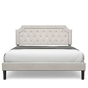 BONSOIR King Size Bed Frame Upholstered Low Profile Traditional Platform with Tufted and Nail HeadboardLinen Fabric Upholstery Color of Sand (Sand, King Size)