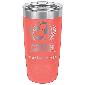 LaserGram 20oz Vacuum Insulated Tumbler Mug, Soccer Coach, Personalized Engraving Included (Coral)