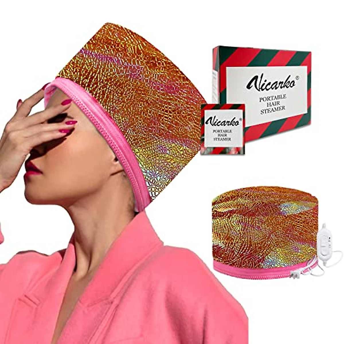 VICARKO Hair Steamer Thermal Heat Cap Deep Conditioning Natural Black Hair Scalp Treatment Spa Hot Head Care Electric for Home Use Orange Glittery