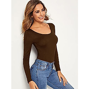 SweatyRocks Women's Long Sleeve Scoop Neck Basic Solid Slim fit Tee Shirt Top Solid Brown XL