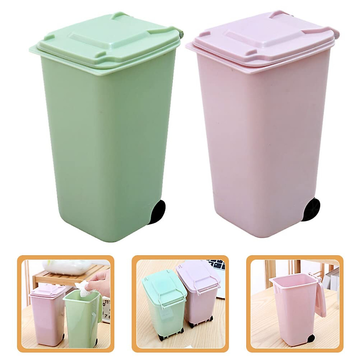 Tofficu Small Waste Basket 2pcs Mini Curbside Garbage Trash Bin with Wheels Lid Pen Holder Tiny Recycle Can Pencil Cup Desktop Organizer for Bedroom Office Desktop Car Green Pink