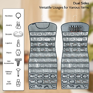 ANZORG Hanging Jewelry Organizer Dual Sided 84 Clear Pockets and 6 Hook Loops Storage for Holding Jewelries Hair Accessories Dress Shaped Earring Holder (84 Pockets and 6 Hook Loops -Grey)