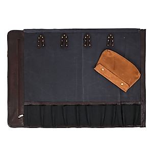 Leather Canvas Knife Roll Storage Bag Expandable 10 Pockets Detachable Shoulder Strap Travel-Friendly Chef Knife Case Roll By Aaron Leather Goods (Nelson, Canvas Leather)